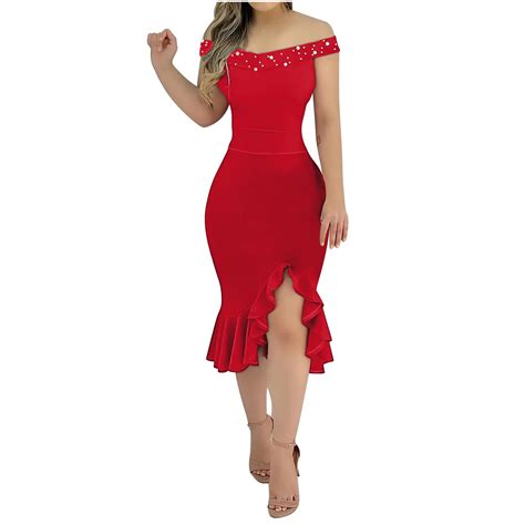 Red Dresses For Women Fall Summer One Shoulder Midi Knee High Slim Red Dresses For Women Fall Summer One Shoulder Midi Knee High Slim