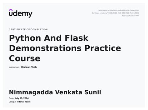 completed python and flask course on udemy venkata sunil nimmagadda