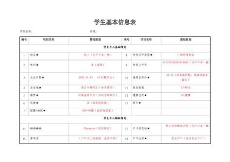 【学生基本信息表】样本 填写规范