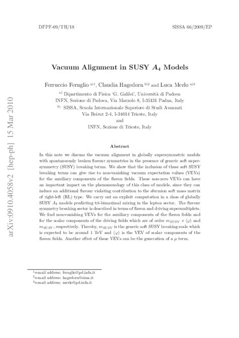 Pdf Vacuum Alignment In Susy A 4 Models Ferruccio Feruglio