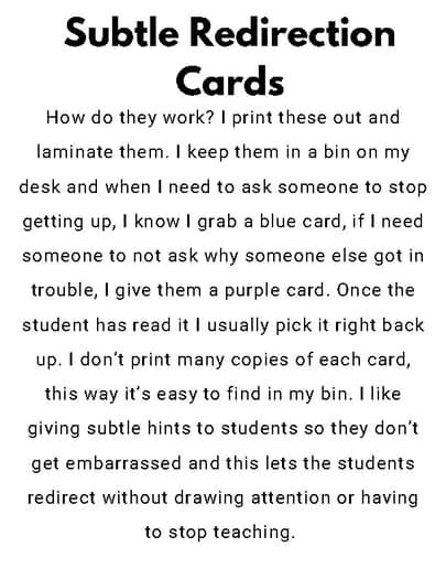 Subtle Redirection Cue Cards By The Punk Rock Teacher Tpt