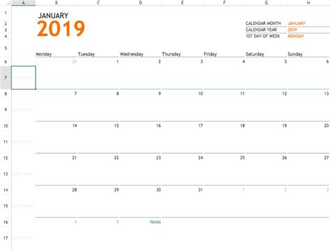 Any Year One Month Calendar With Notes Excel Template