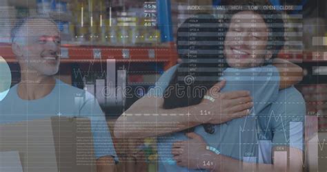 Image Of Data Processing Over Happy People Hugging In Warehouse Stock Illustration
