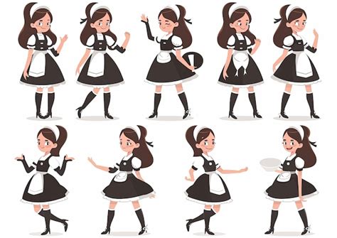 Una Chica Con Un Disfraz De Criada Posa Para Diferentes Poses Vector