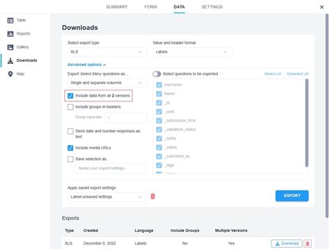 Downloading Data From Different Versions Of Forms Data Management
