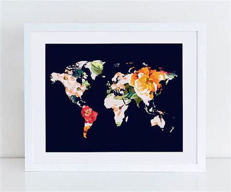 Large Floral World Map Poster Art Print