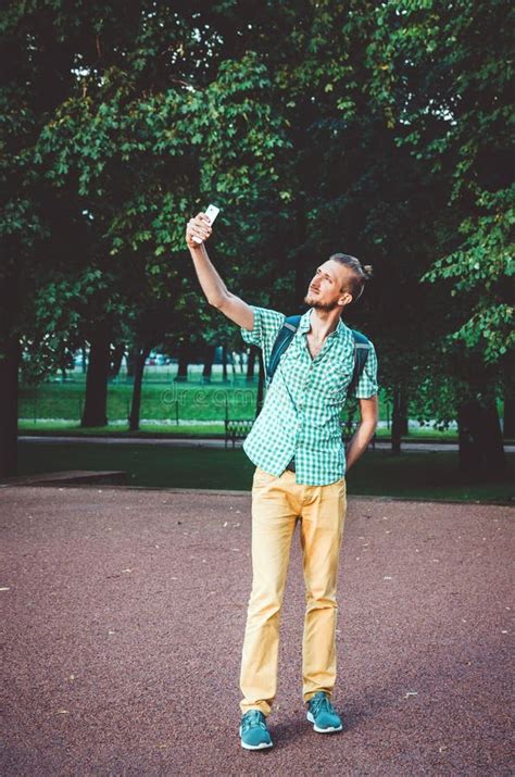 I Love Selfie Outdoor Summer Lifestyle Portrait Of Young Bearded Man Holding Camera And Making
