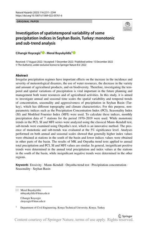 Investigation Of Spatiotemporal Variability Of Some Precipitation Indices In Seyhan Basin