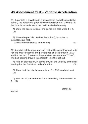 Ocr As Maths Assessment Test Variable Acceleration Teaching Resources