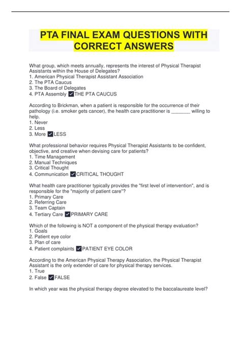 Pta Final Exam Questions With Correct Answers Pta Physical Therapy