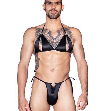 Mens Sissy Bikini Lingerie Set Elastic 2 Piece Lace Bra Panty T Back