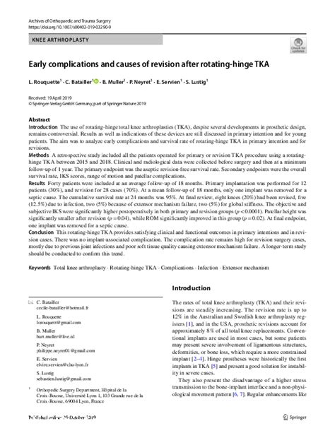 Pdf Early Complications And Causes Of Revision After Rotating Hinge Tka