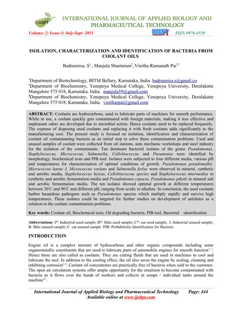 Pdf Isolation Characterization And Identification Of Bacteria From Coolant Oils