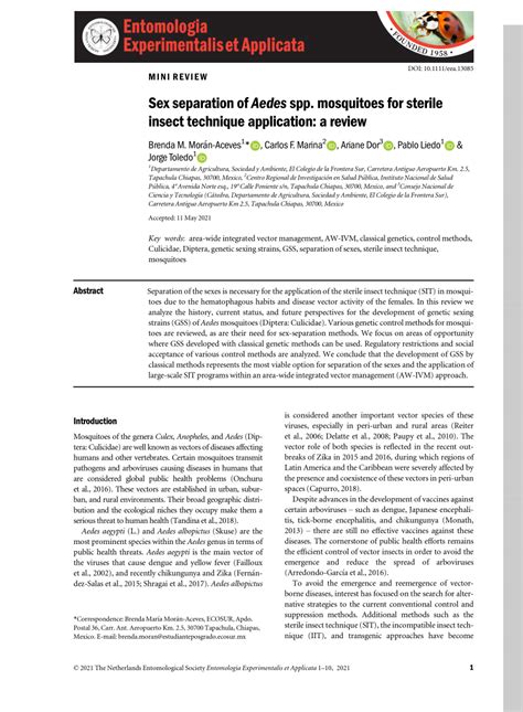 Pdf Sex Separation Of Aedes Spp Mosquitoes For Sterile Insect