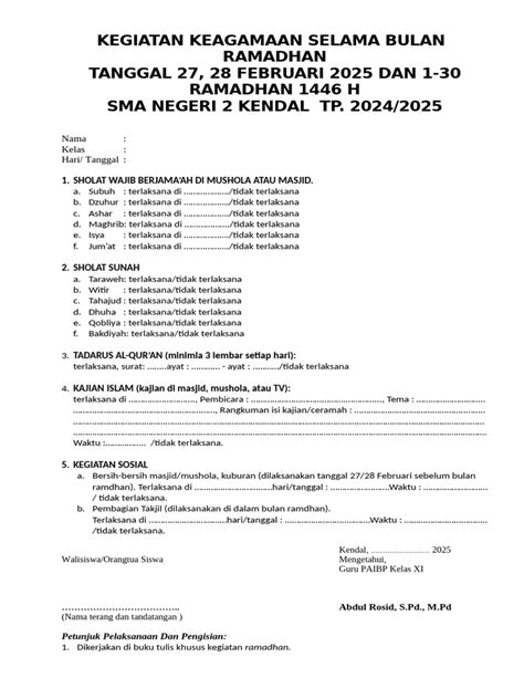 Cek Lis Kegiatan Ramadhan Kelas Xi Pdf