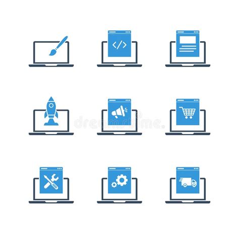 Laptop Programming Icons Set Programmer Developer Stock Colored Filled