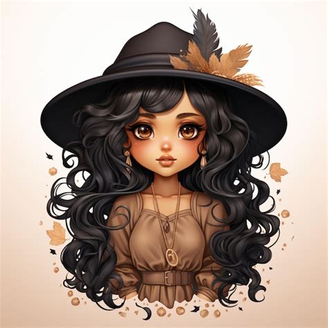 Cartoon Girl With Long Black Hair Wearing A Hat And Feather Generative