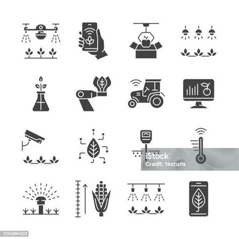 스마트 파밍 글리프 아이콘 세트 트랙터 급수 시스템 농업용 드론 로봇 감시 카메라 스마트폰 Ph 측정기를 사용한 벡터 수집 가정용 캠코더에 대한 스톡 벡터 아트 및 기타