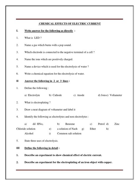 Class 8 Science Worksheet Chemical Effect Of Electric Current Part B