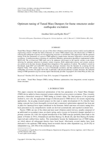 Pdf Optimum Tuning Of Tuned Mass Dampers For Frame Structures Under Earthquake Excitation
