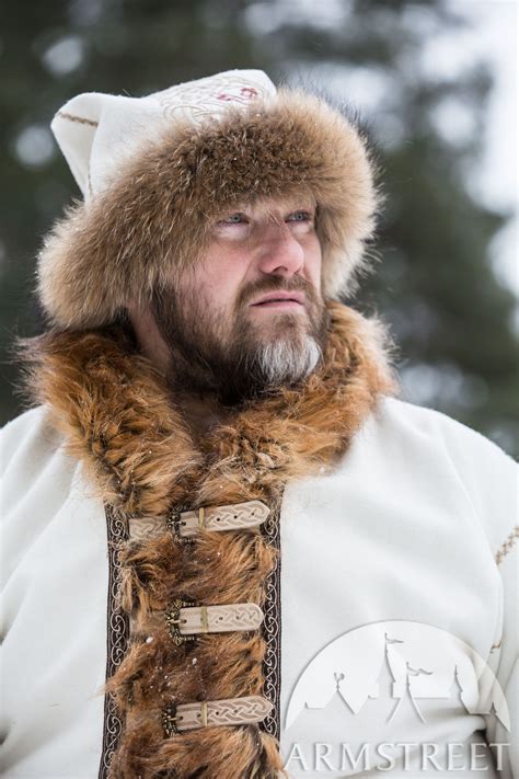 Yule Edition White Wool Viking Kaftan With Embroidery And Faux Fur Viking Clothing Medieval