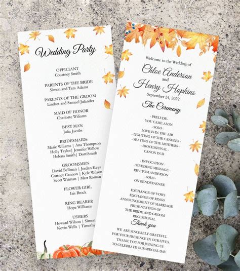 Fall Wedding Program Template Editable Autumn Program Fan Printable