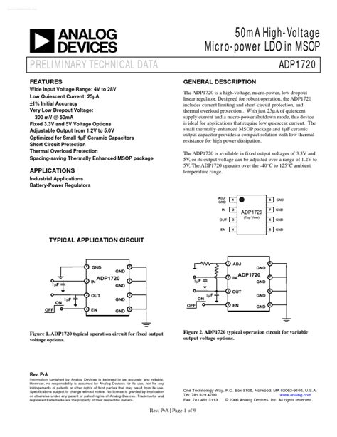 Adp1720 Datasheet High Voltage Micro Power Ldo Analog Devices
