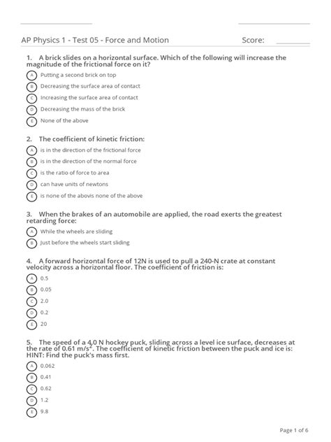 Ap Physics 1 Test 05 Force And Motion Score A B C D E Pdf