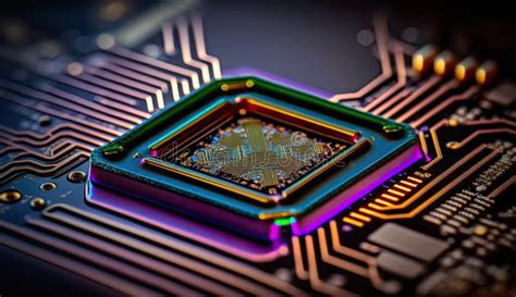 Microchip Surface Zoom In Computer Chip Technology Neon Light Lines