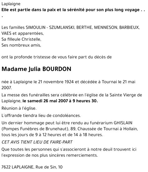 Avis De Décès De Julia Bourdon Décédé Le 21 05 2007 à Tournai Annonce Condoléances Fleurs