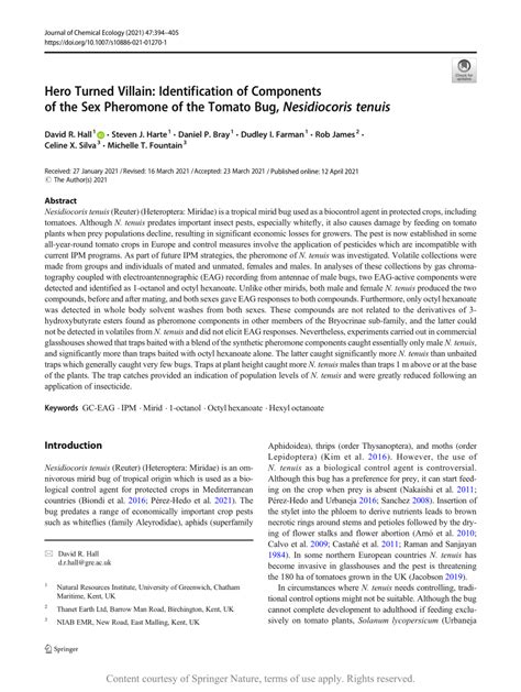 Pdf Hero Turned Villain Identification Of Components Of The Sex Pheromone Of The Tomato Bug