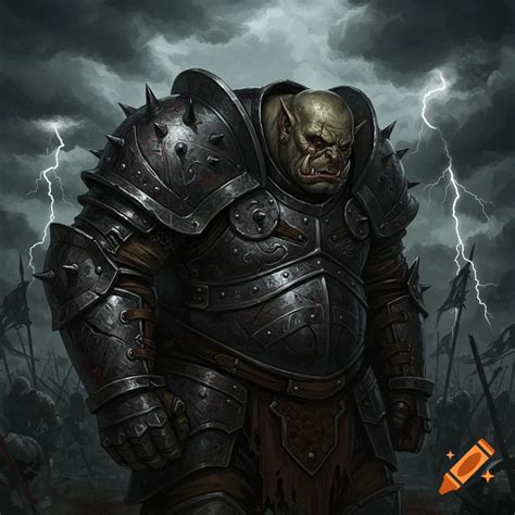 An Imposing Armored Orc Warlord With Horns And A Large Axe Stands On A