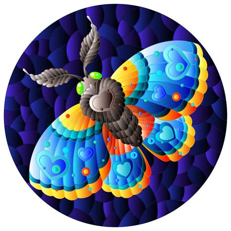 Stained Glass Illustration With A Cute Moth On A Blue Sky Background