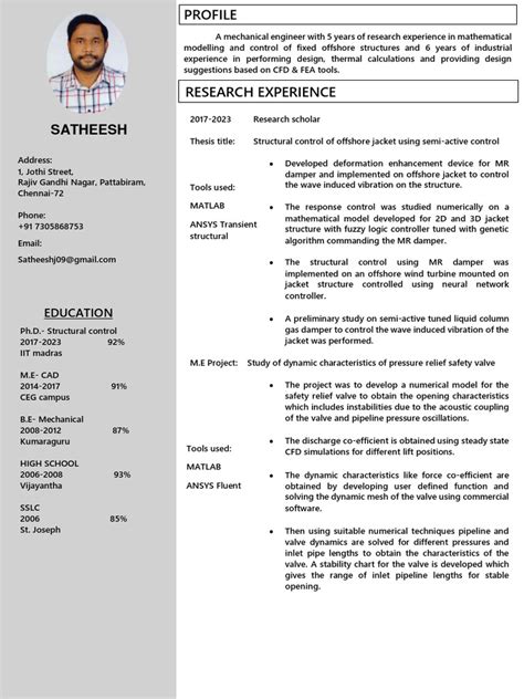 Satheesh Resume Pdf Computational Fluid Dynamics Finite Element Method