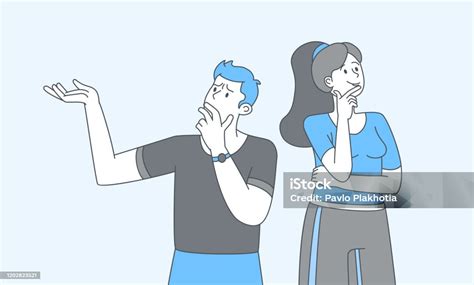 커플 생각 만화 윤곽 그림입니다 펜시브와 당황 아내와 남편이 결정을 내리고 파란색으로 고립 된 문자를 검색합니다 확실하지 않은 젊은 남자 여자 서 딜레마를 가지고 걱정하는에