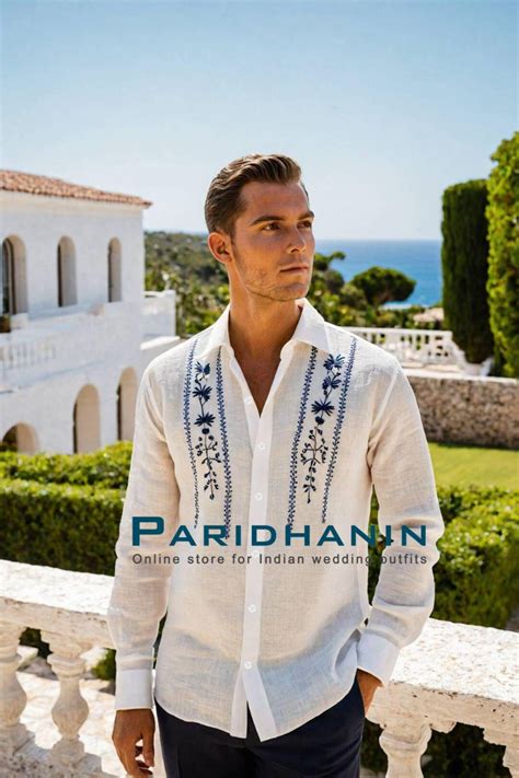 Mens White Linen Shirt With Blue Floral Embroidery Etsy