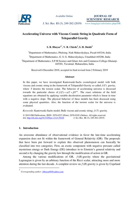 Pdf Accelerating Universe With Viscous Cosmic String In Quadratic Form Of Teleparallel Gravity