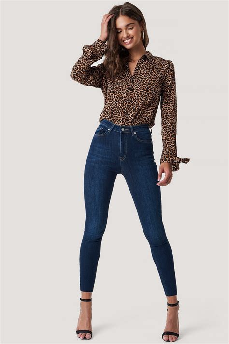 Skinny High Waist Raw Hem Jeans Blue Na Kd