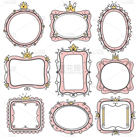 公主帧。粉红可爱的花镜框与皇冠，儿童证书边框。小女孩生日邀请卡向量集素材 花瓣网