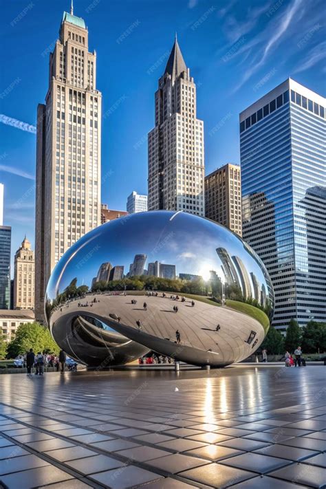 Iconic Reflection The Chicago Bean In Millennium Park Premium Ai