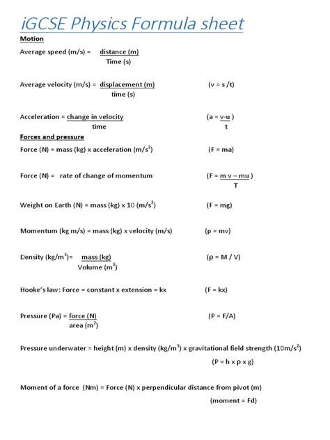 Igcse Formula Booklet Physics Pdf