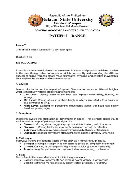 Pathfit 3 Lesson 7 Elements Of Movement Space Pdf Dances Emotions