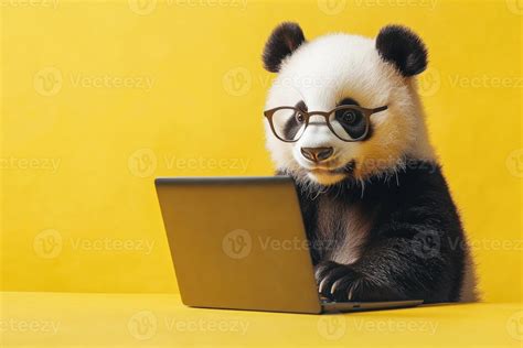 Panda With Glasses Is Intently Typing On A Laptop Working On A Bright Yellow Background