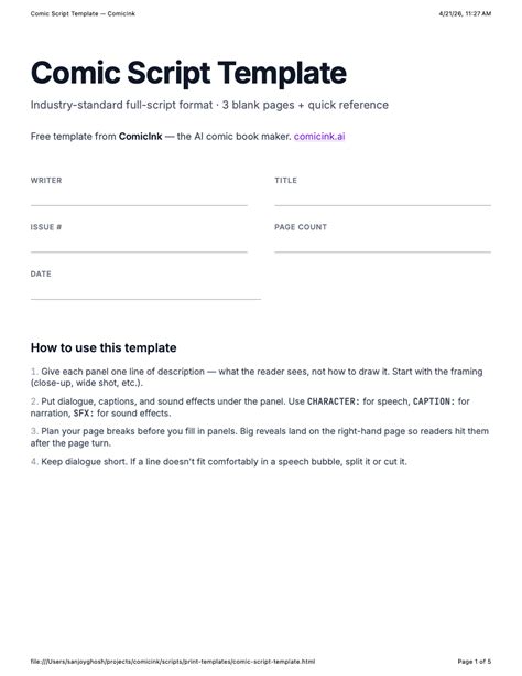 Comic Script Template — Free Printable Pdf Comicink Comicink