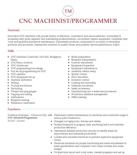 Cnc Machinist Computer Programmer Resume Example