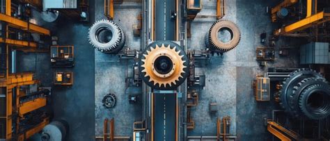 Aerial View Of A Gear Assembly Line In A Bustling Factory Premium Ai