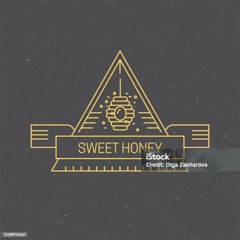 달콤한 꿀 선형 라벨 엠블럼 벡터 템플릿 내츄럴 미드 스토어 힙스터 윤곽 로고 타입 디자인 타이포그래피가 있는 벌집 노란색 가는 선 그림 크리에이티브 유기농 제품 프로모션