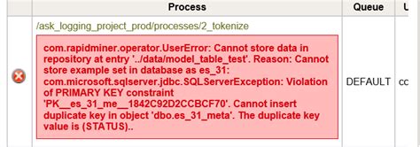 cannot store data in repository at entry violation of primary key