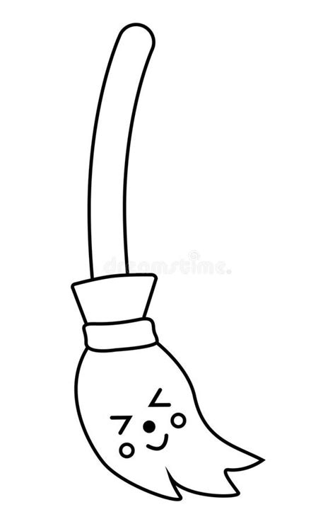 Cute Broom In Kawaii Style Vector Outline For Coloring Book Stock