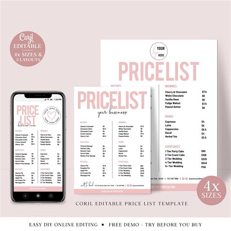 Price List Template Bundle Printable Business Pricing Menu Template 4 Sizes Simple Company Price